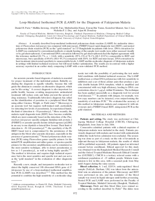 (PDF) Loop-mediated isothermal PCR (LAMP) for the diagnosis of falciparum malaria