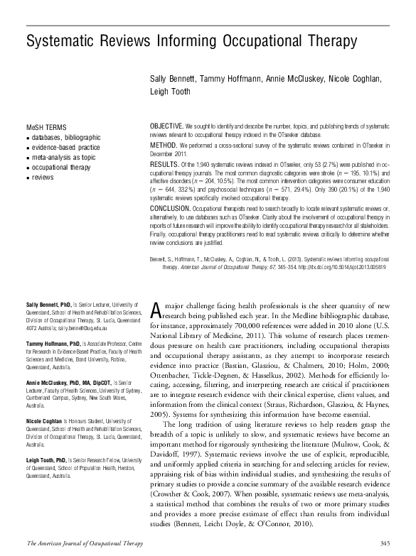 (PDF) Systematic Reviews Informing Occupational Therapy MeSH TERMS ...