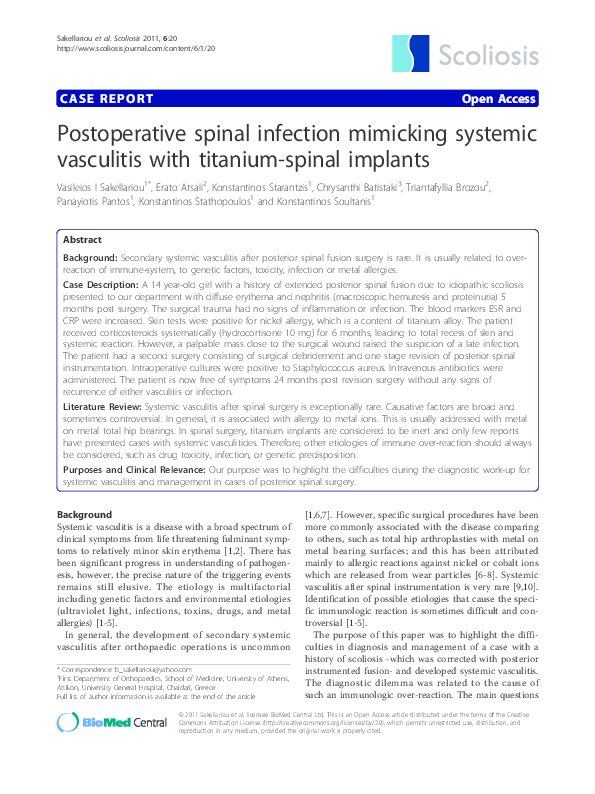 (PDF) Postoperative spinal infection mimicking systemic vasculitis with titanium-spinal implants