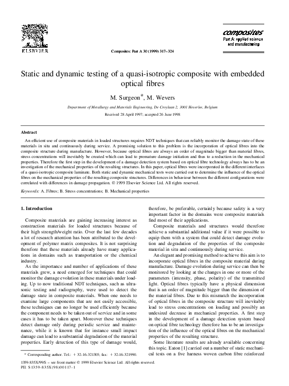 Pdf Static And Dynamic Testing Of A Quasi Isotropic Composite With Embedded Optical Fibres