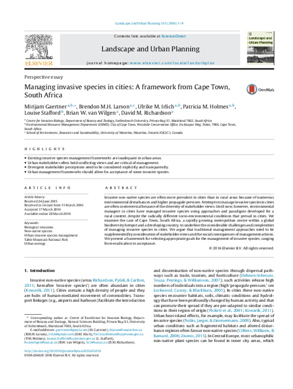 (PDF) Managing invasive species in cities: A framework from Cape Town ...