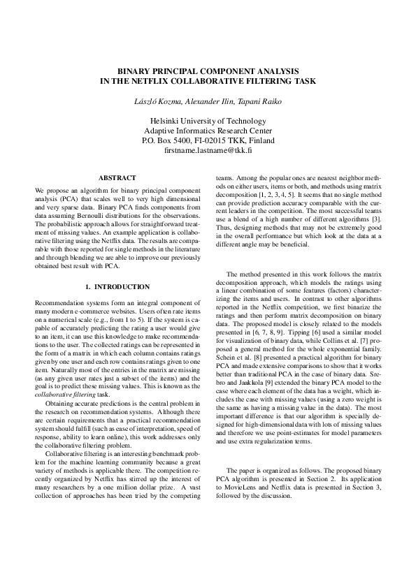 (PDF) Binary principal component analysis in the Netflix collaborative ...