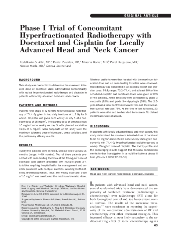 (PDF) Phase I Trial of Concomitant Hyperfractionated Radiotherapy with Docetaxel and Cisplatin ...