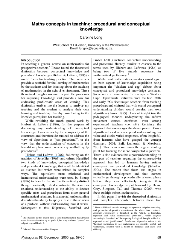 (PDF) Maths concepts in teaching: Procedural and conceptual knowledge