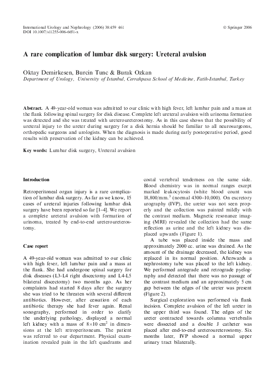 (PDF) A rare complication of lumbar disk surgery: Ureteral avulsion