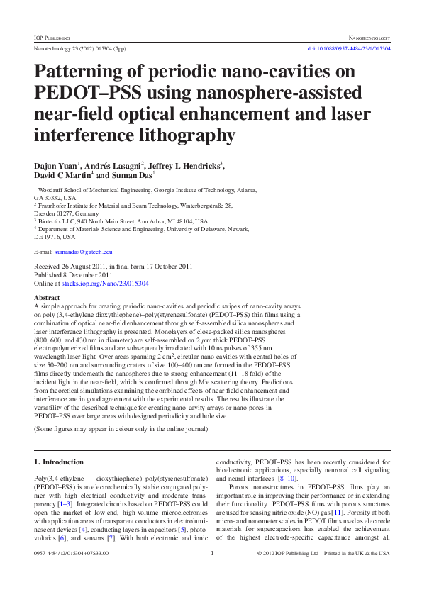 (PDF) Patterning of periodic nano-cavities on PEDOT–PSS using nanosphere-assisted near-field ...