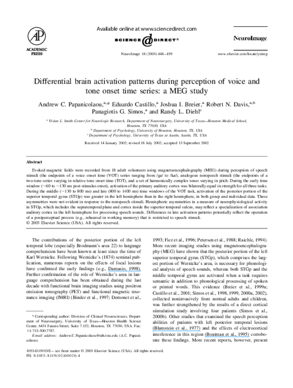 (PDF) Differential brain activation patterns during perception of voice and tone onset time ...