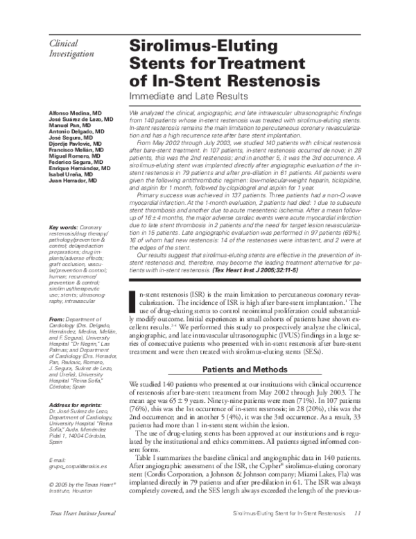 (PDF) Sirolimus-Eluting Stent for the Treatment of In-Stent Restenosis ...