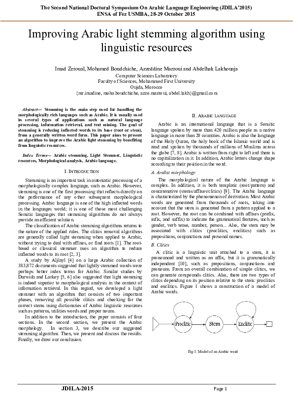 Pdf Improving Arabic Light Stemming Algorithm Using Linguistic Resources