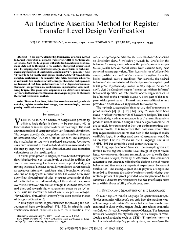 (PDF) An Inductive Assertion Method for Register Transfer Level Design Verification