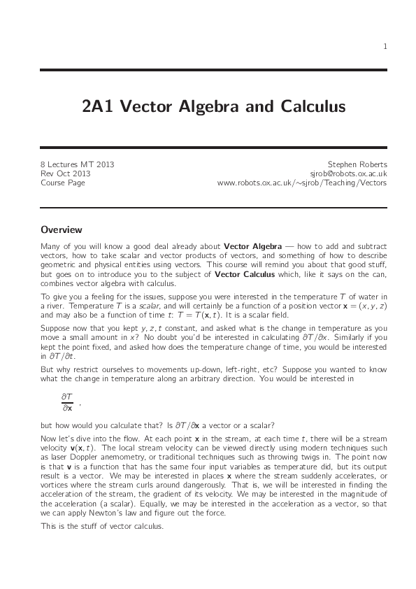 (PDF) 2A1 Vector Algebra and Calculus