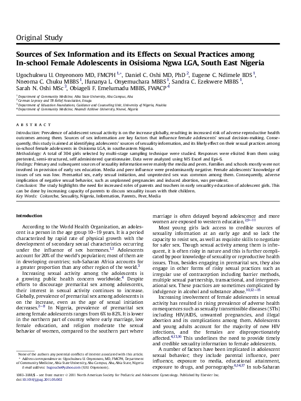 Pdf Sources Of Sex Information And Its Effects On Sexual Practices Among In School Female
