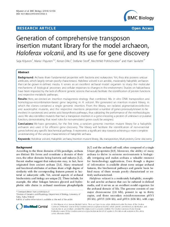 (PDF) Generation of comprehensive transposon insertion mutant library for the model archaeon ...
