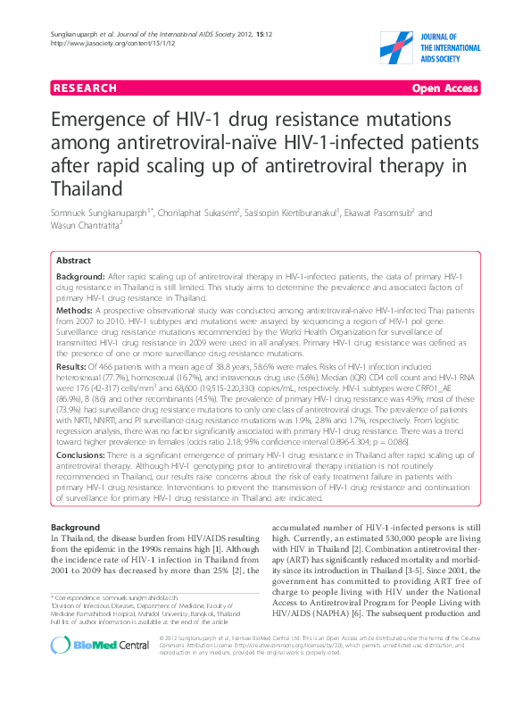 (PDF) Emergence of HIV-1 drug resistance mutations among antiretroviral ...