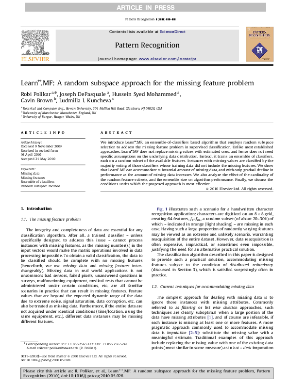 (PDF) Learn(++).MF: A random subspace approach for the missing feature problem