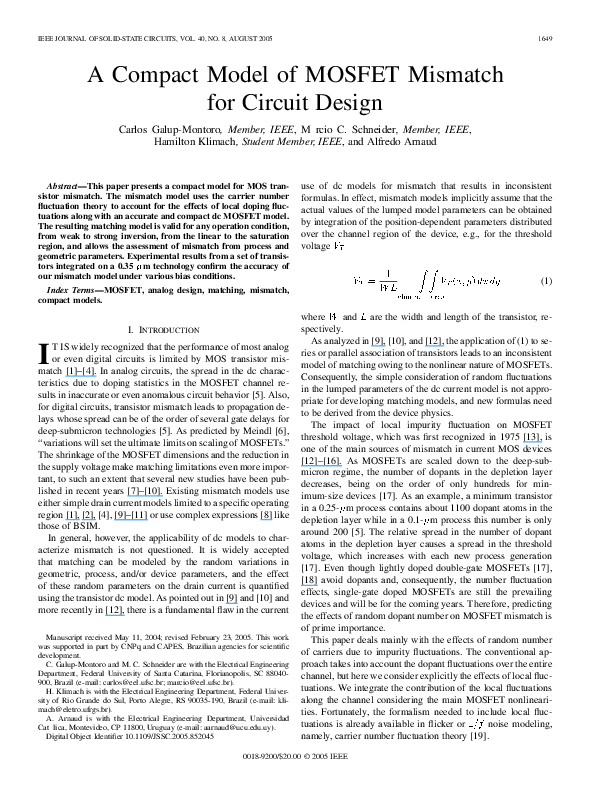 Pdf A Compact Model Of Mosfet Mismatch For Circuit Design