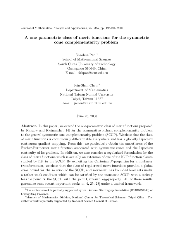 Pdf A One Parametric Class Of Merit Functions For The Symmetric Cone Complementarity Problem