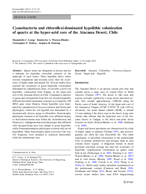 (PDF) Cyanobacteria and chloroflexi-dominated hypolithic colonization ...