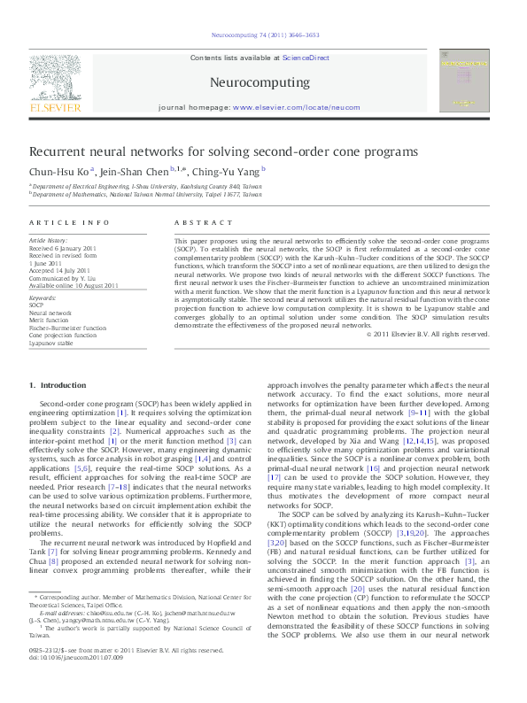 (PDF) Recurrent neural networks for solving second-order cone programs