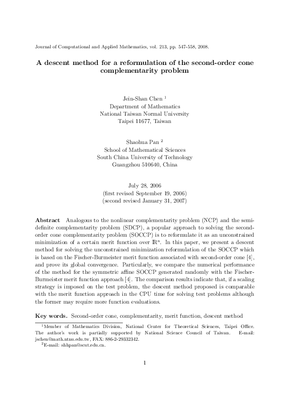 (PDF) A descent method for a reformulation of the second-order cone complementarity problem