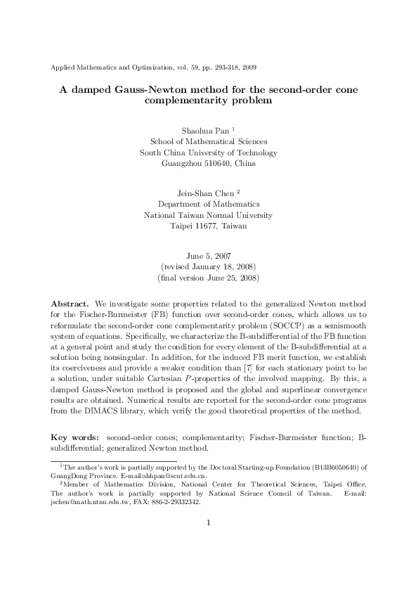 (PDF) A Damped Gauss-Newton Method for the Second-Order Cone Complementarity Problem