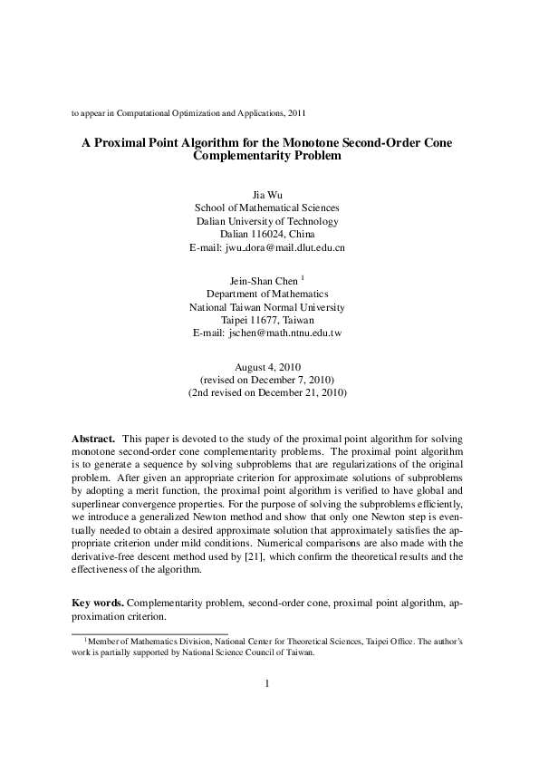 Pdf A Proximal Point Algorithm For The Monotone Second Order Cone Complementarity Problem