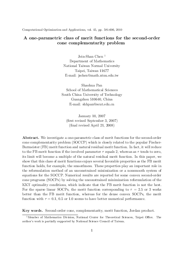 (PDF) A one-parametric class of merit functions for the second-order cone complementarity problem