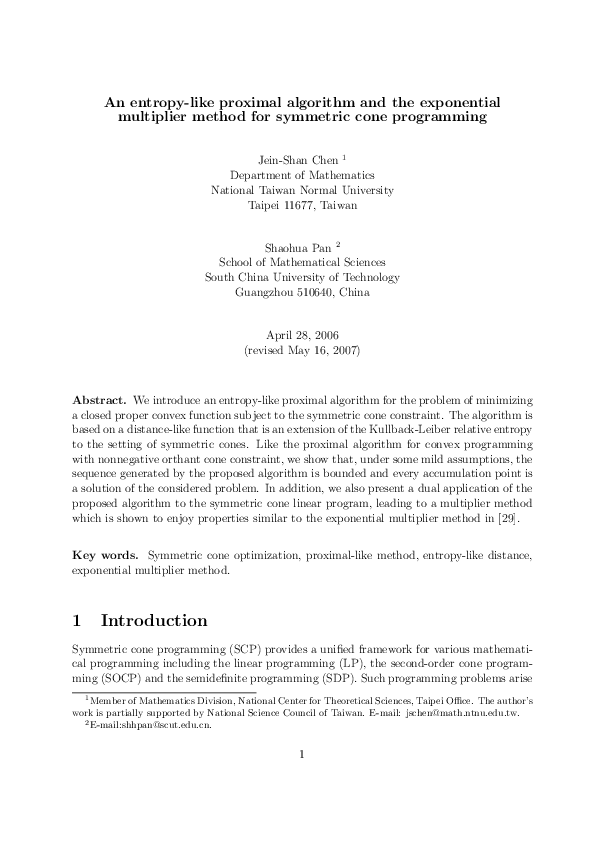 Pdf An Entropy Like Proximal Algorithm And The Exponential Multiplier Method For Convex