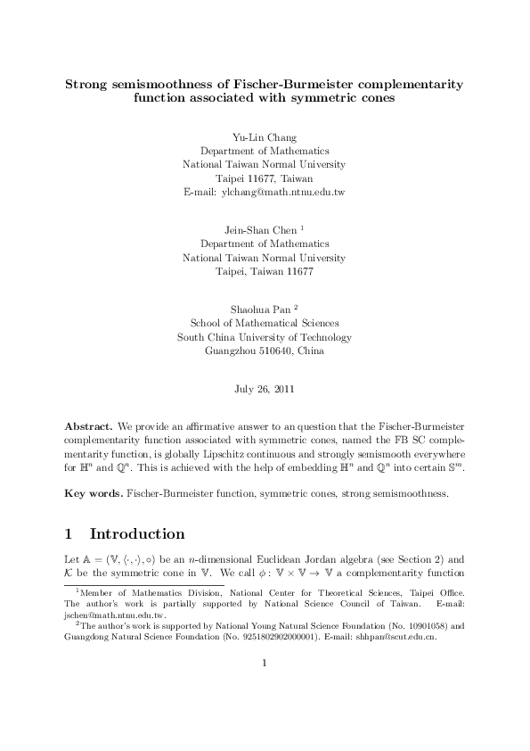 (PDF) Strong semismoothness of Fischer-Burmeister complementarity function associated with ...