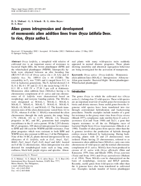 (PDF) Alien genes introgression and development of monosomic alien ...