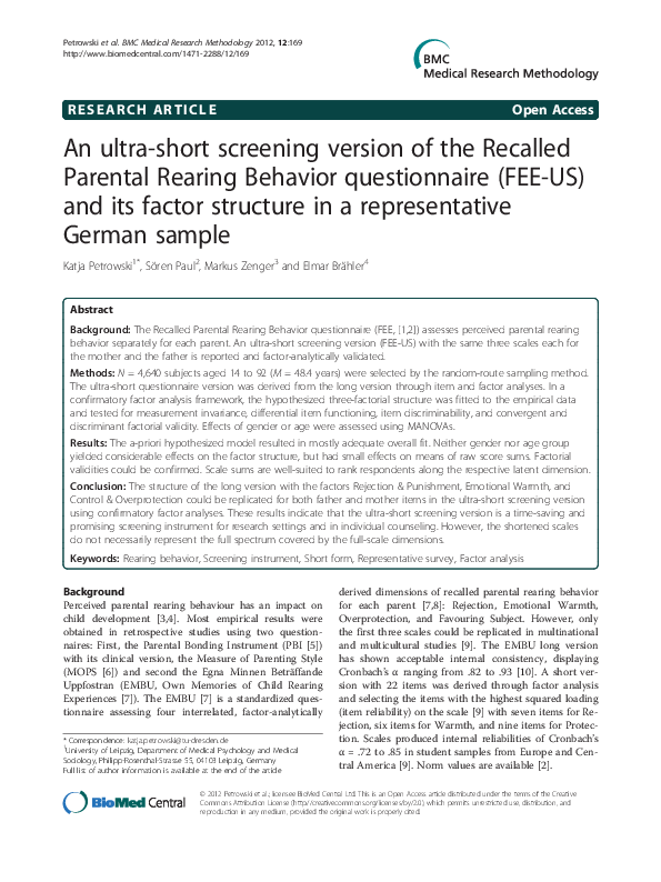 (PDF) An ultra-short screening version of the Recalled Parental Rearing ...