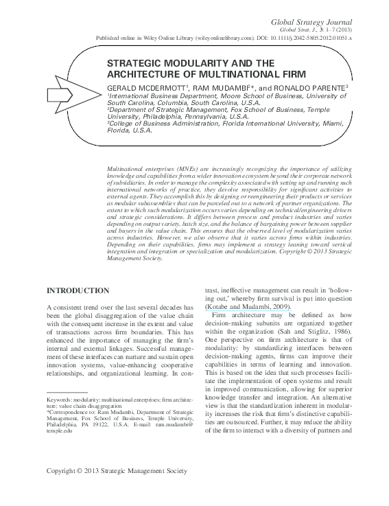 (PDF) Strategic Modularity and the Architecture of Multinational Firm