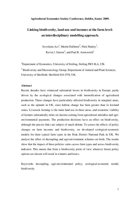 (PDF) Linking biodiversity, land-use and incomes at the farm level: an ...