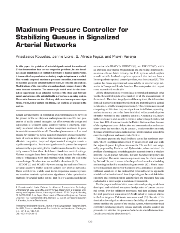 (PDF) Maximum Pressure Controller for Stabilizing Queues in Signalized Arterial Networks