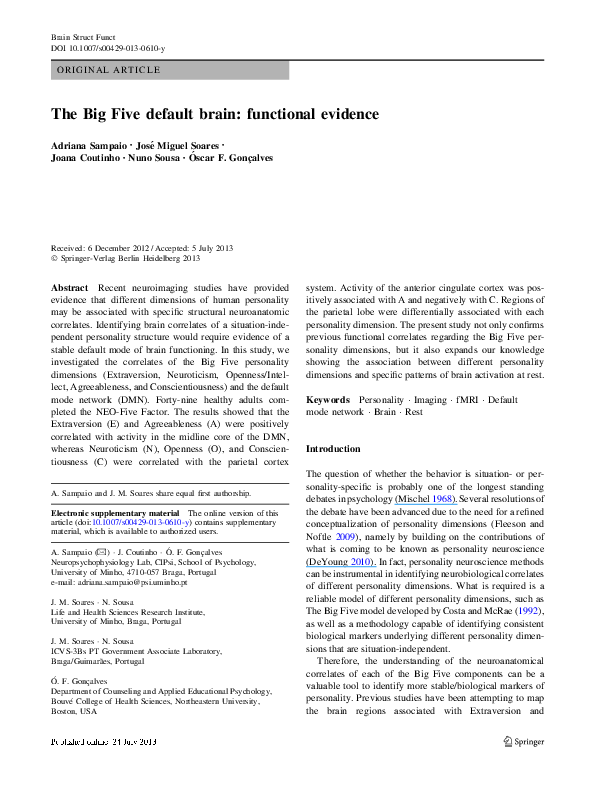 (PDF) The Big Five default brain: functional evidence