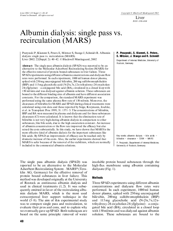 (PDF) Albumin dialysis: single pass vs. recirculation (MARS)