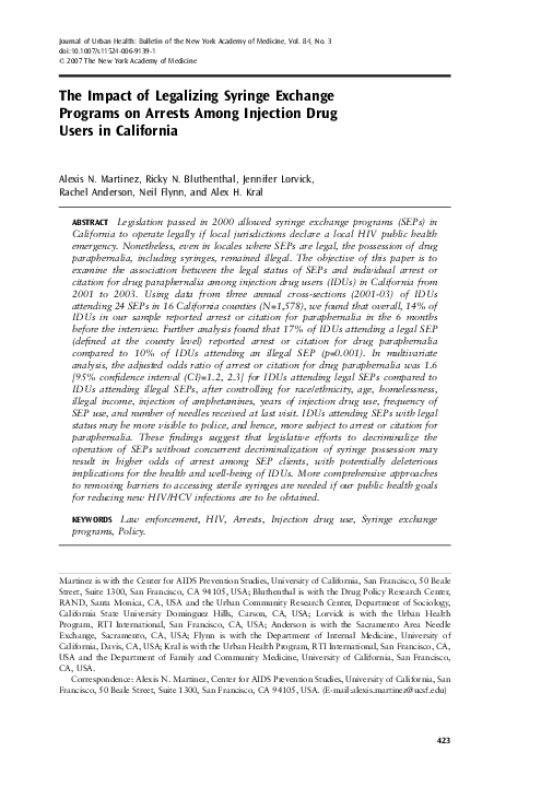 (PDF) The Impact of Legalizing Syringe Exchange Programs on Arrests ...