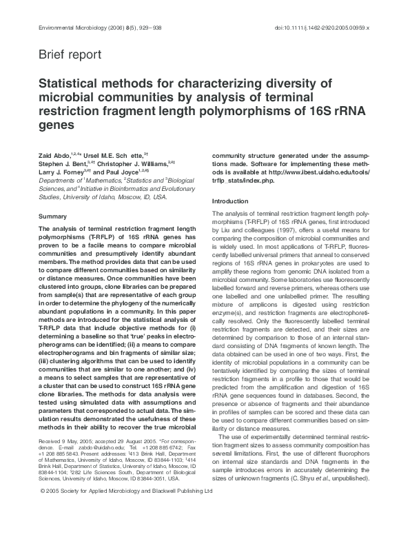 (PDF) Statistical methods for characterizing diversity of microbial communities by analysis of ...