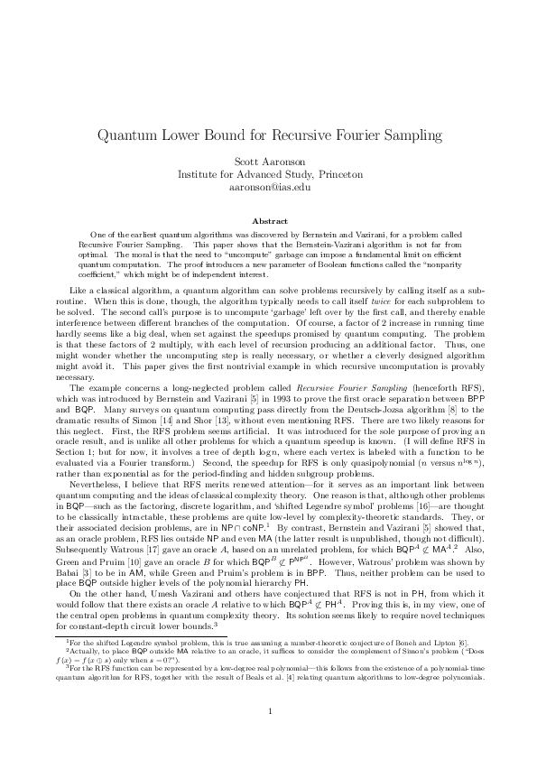 (PDF) Quantum Lower Bound for Recursive Fourier Sampling