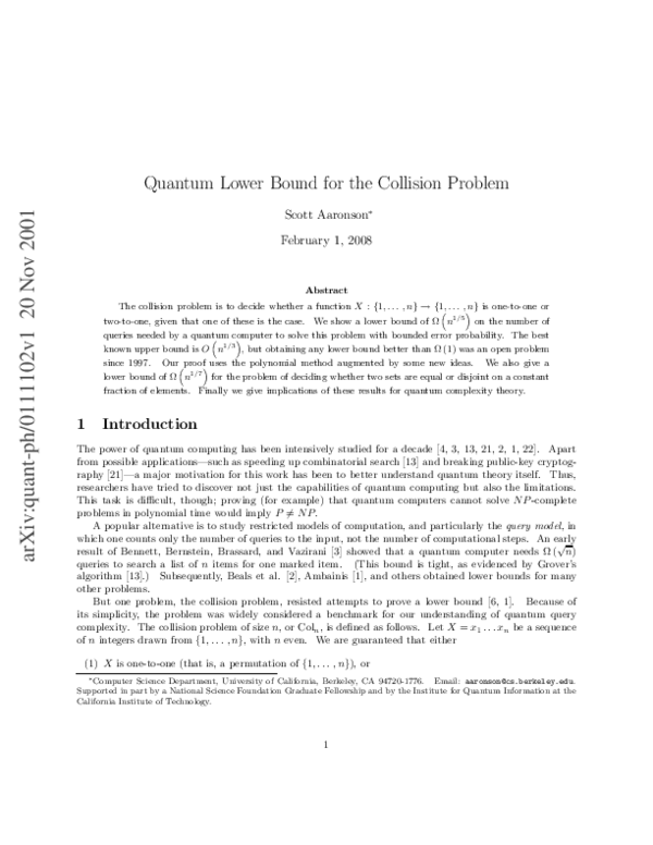 (PDF) Quantum lower bound for the collision problem