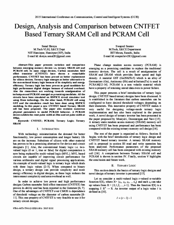 (PDF) Design, Analysis and Comparison between CNTFET Based Ternary SRAM Cell and PCRAM Cell