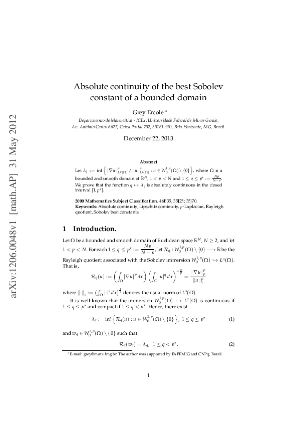 (PDF) Absolute continuity of the best Sobolev constant | Grey Ercole - Academia.edu