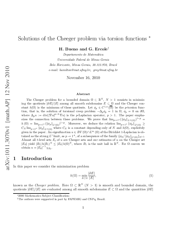 (PDF) Solutions of the Cheeger problem via torsion functions