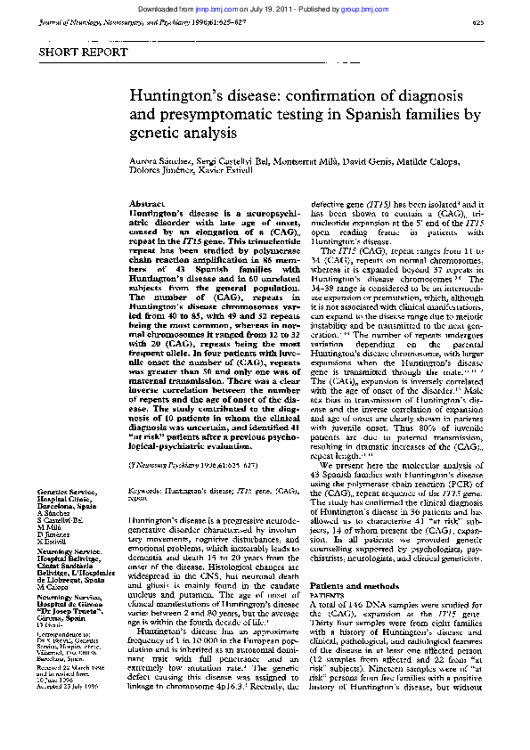 (PDF) Huntington's disease: confirmation of diagnosis and ...