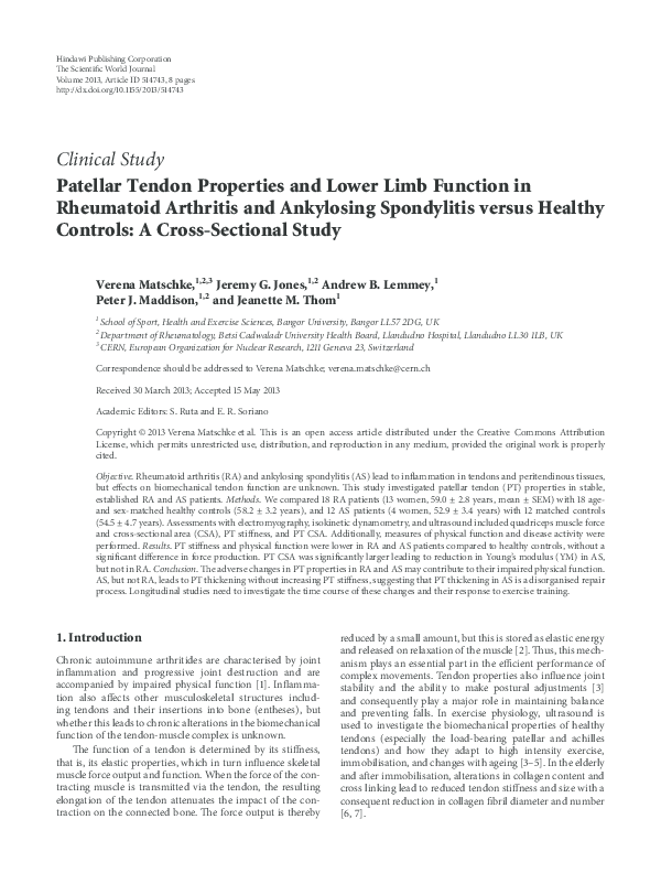 PDF Patellar Tendon Properties And Lower Limb Function In Rheumatoid PDF Patellar Tendon Properties And Lower Limb Function In Rheumatoid