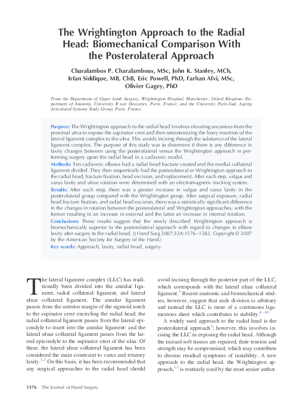 (PDF) The Wrightington Approach to the Radial Head: Biomechanical ...