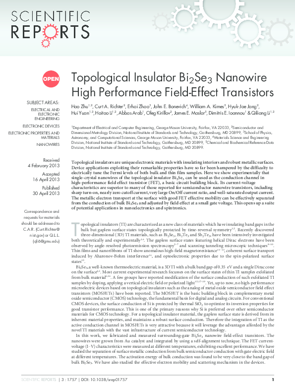 (PDF) Topological Insulator Bi2Se3 Nanowire High Performance Field-Effect Transistors