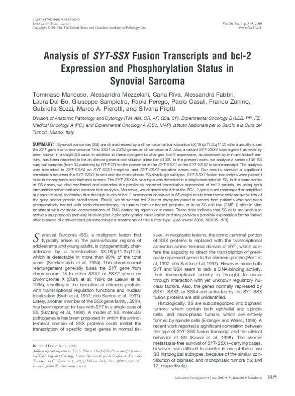(PDF) Analysis of SYT-SSX Fusion Transcripts and bcl-2 Expression and Phosphorylation Status in ...