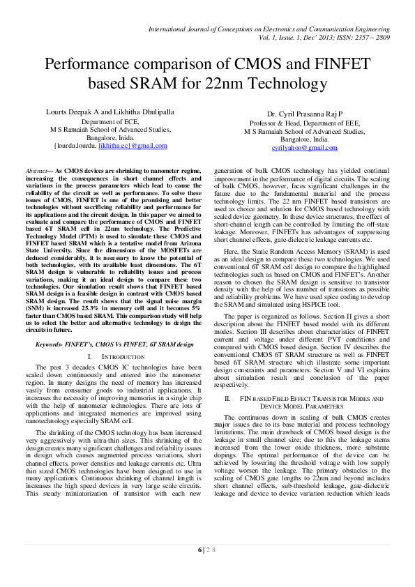 (PDF) Performance comparison of CMOS and FINFET based SRAM for 22nm ...