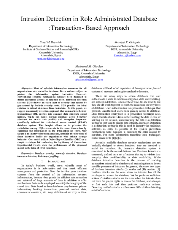 Intrusion Detection In Role Administrated Database Transaction Based Approach 